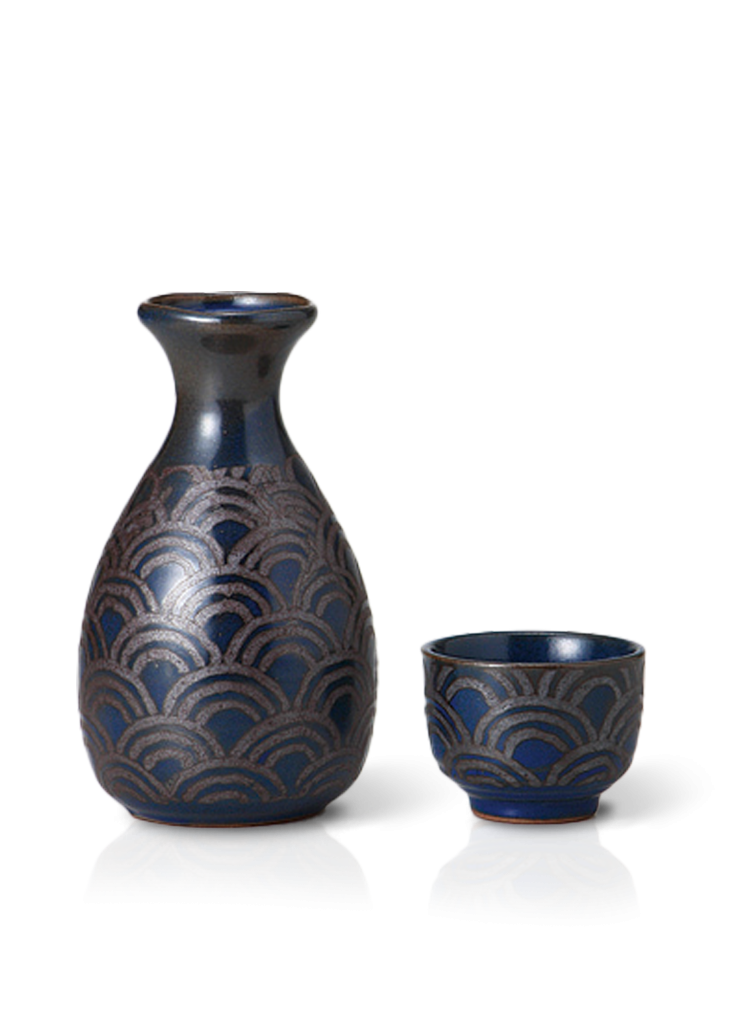 Service à Saké Bleu Seigaiha Doré Tokkuri & Ochoko | Uisuki